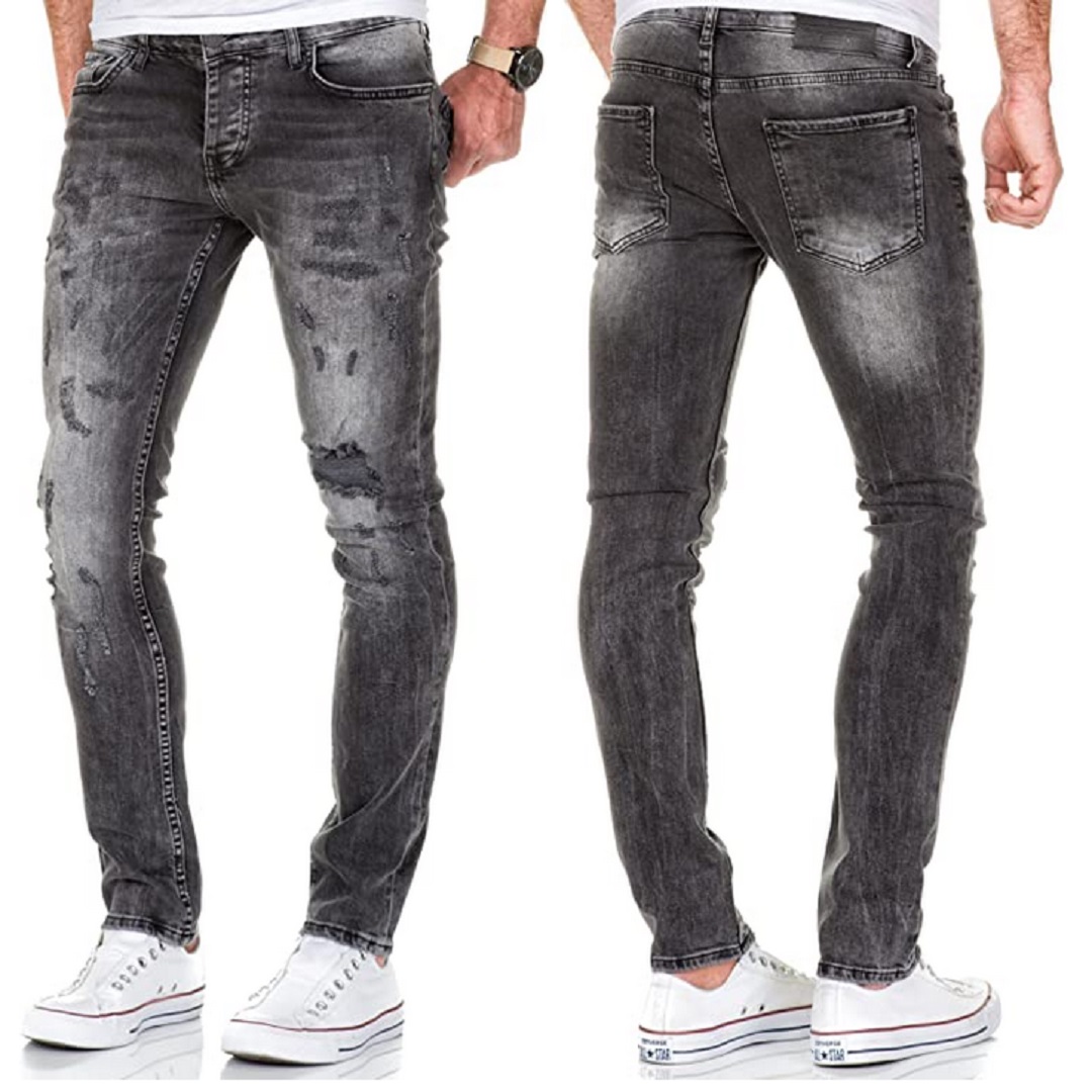Gråa Jeans Strech Destroyed Slim Fit Denim | JHNSport